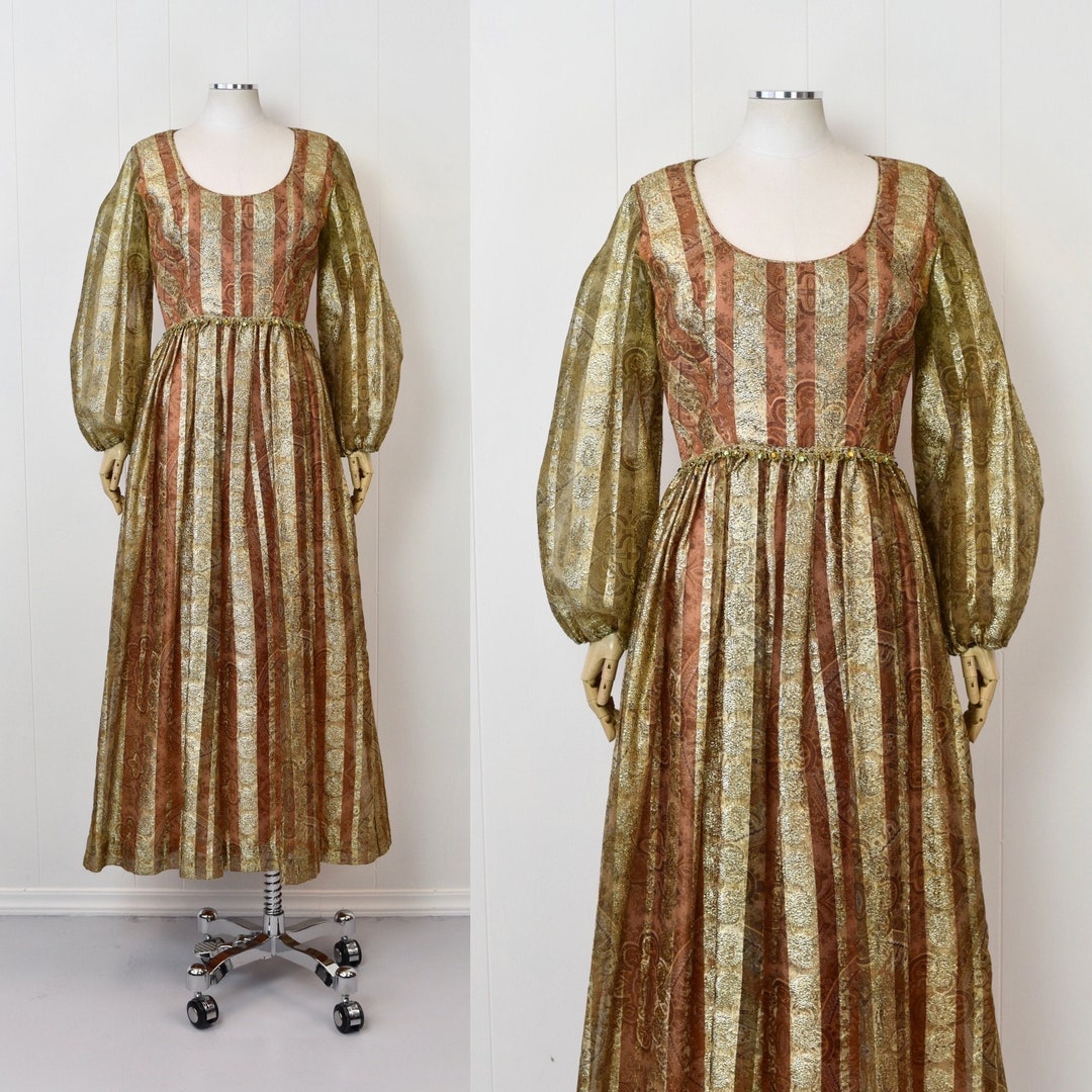 1960s Metallic Brocade Rhinestone Striped Paisley Gold Balloon Sleeve ...