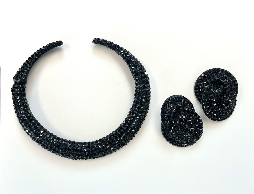1980s Jet Black Rhinestone Hinge Necklace Clip on Earrings Matching ...