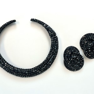 1980s Jet Black Rhinestone Hinge Necklace Clip on Earrings Matching ...
