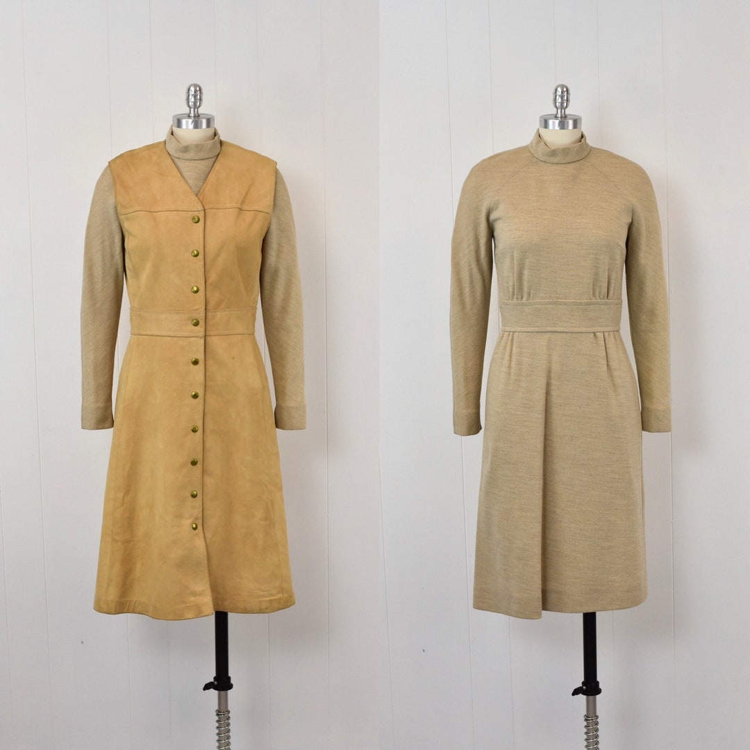 1960s/1970s Brown Suede Leather Wool Taupe Gray Garguilo for Smith and Jones Two Piece Dress Set ...