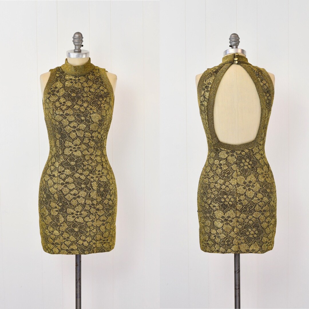 1980s Climax Karen Okada Metallic Gold Black Floral Open Back Mini ...