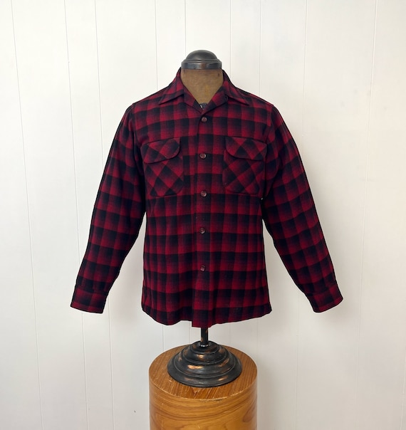 1960s Pendleton Red Black Plaid Print Wool Flannel Lo… - Gem
