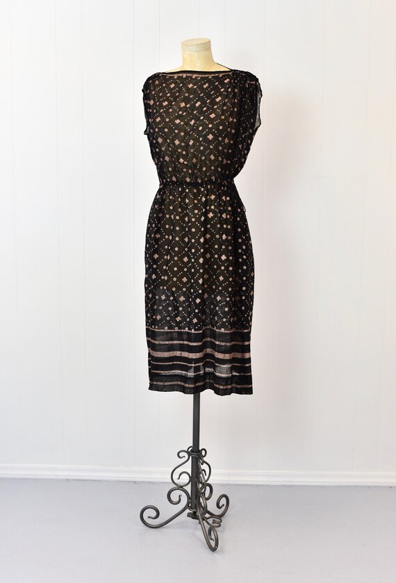 1970s Phyllis Sues Black & Tan Batik Sheer Dress - Gem