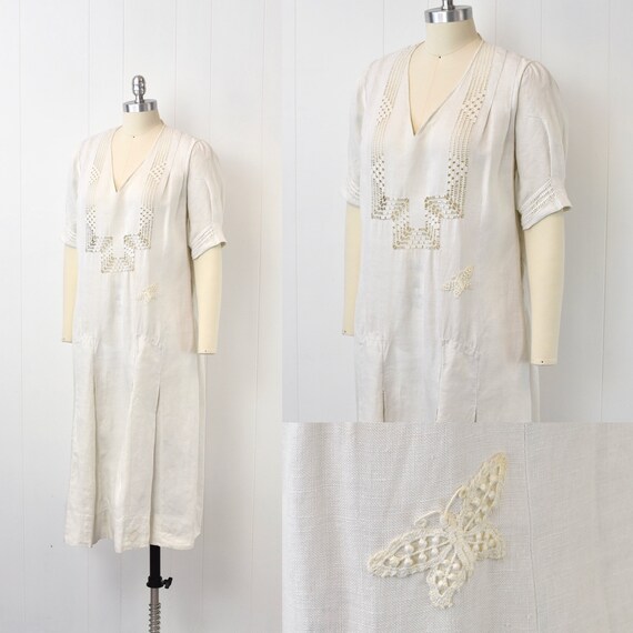 Antique 1920s White Linen Crochet Lace Butterfly Flap… - Gem