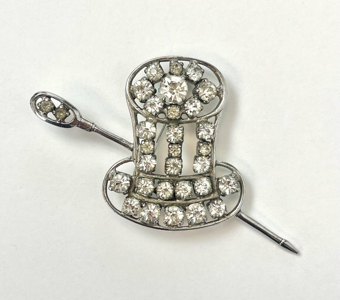 1940s Kramer Sterling Silver Rhinestone Top Hat Cane Novelty Statement ...