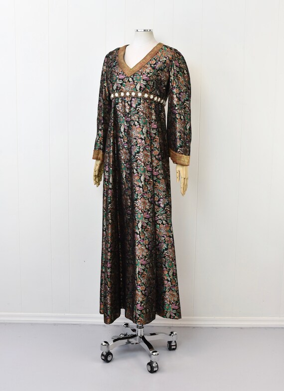 1960s Floral Brocade Metallic Beaded Empire Waist Gow… - Gem