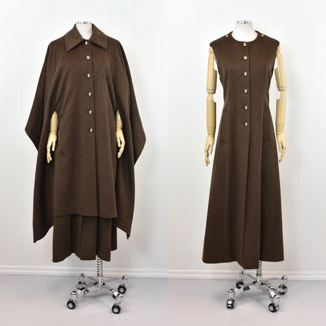 1990s Ritz Saddler Brown Cape Duster Dress Matching Two Piece Wool ...