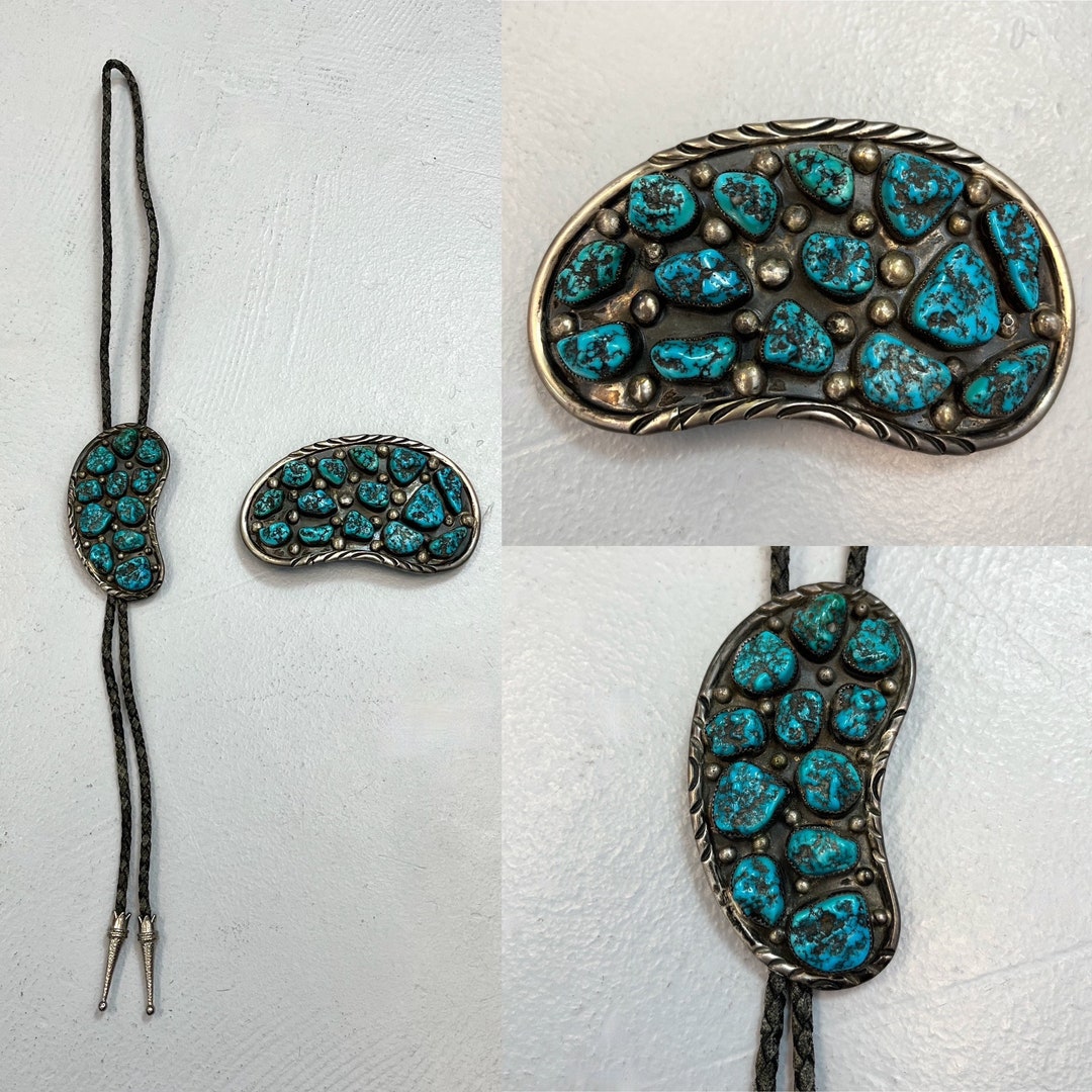 1970s Turquoise Cluster Sterling Silver Leather Kidney Shape Bolo Tie ...