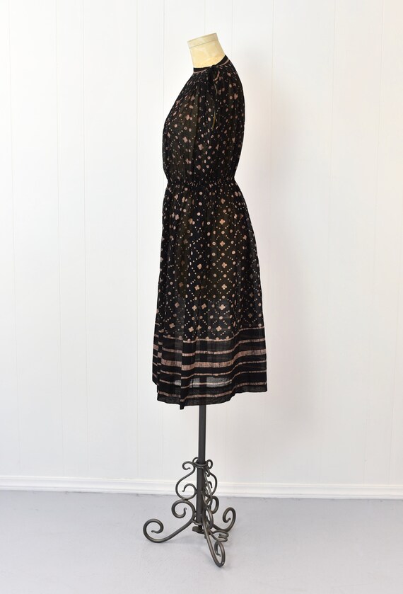 1970s Phyllis Sues Black & Tan Batik Sheer Dress - Gem