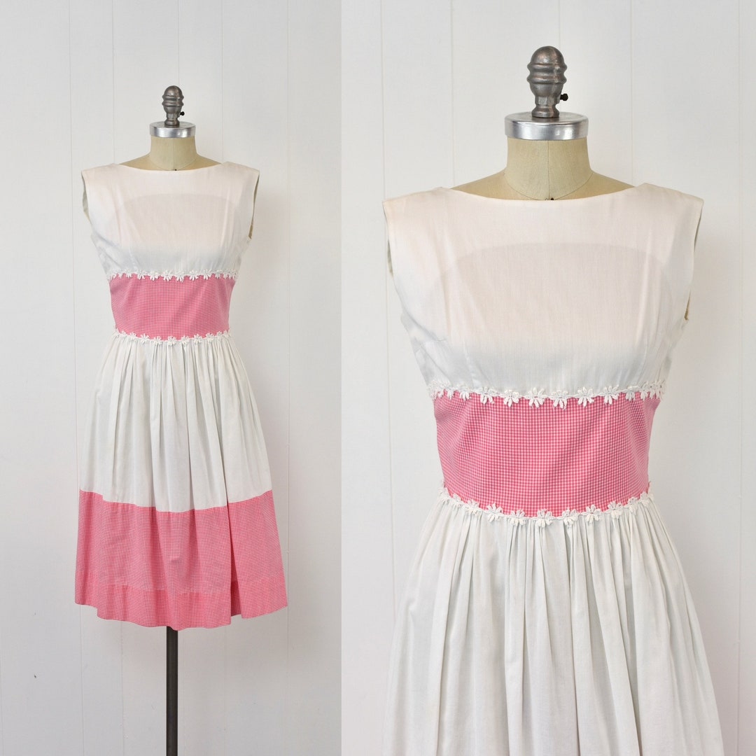 1950s/1960s Gingham Plaid Red White 3D Floral Daisy Cotton Pinup Day ...