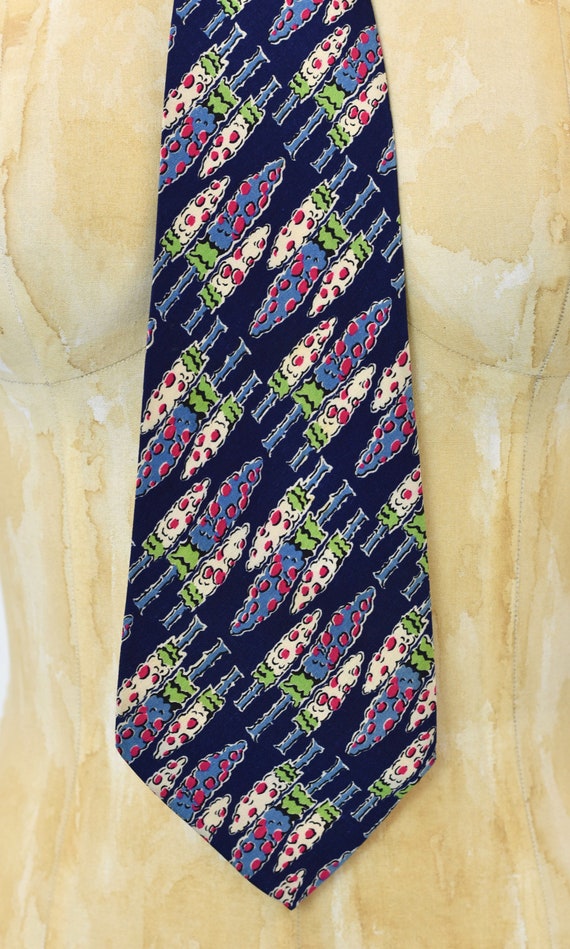1940s/1950s Blue Novelty Print Tree Manhattan Silk Mi… - Gem
