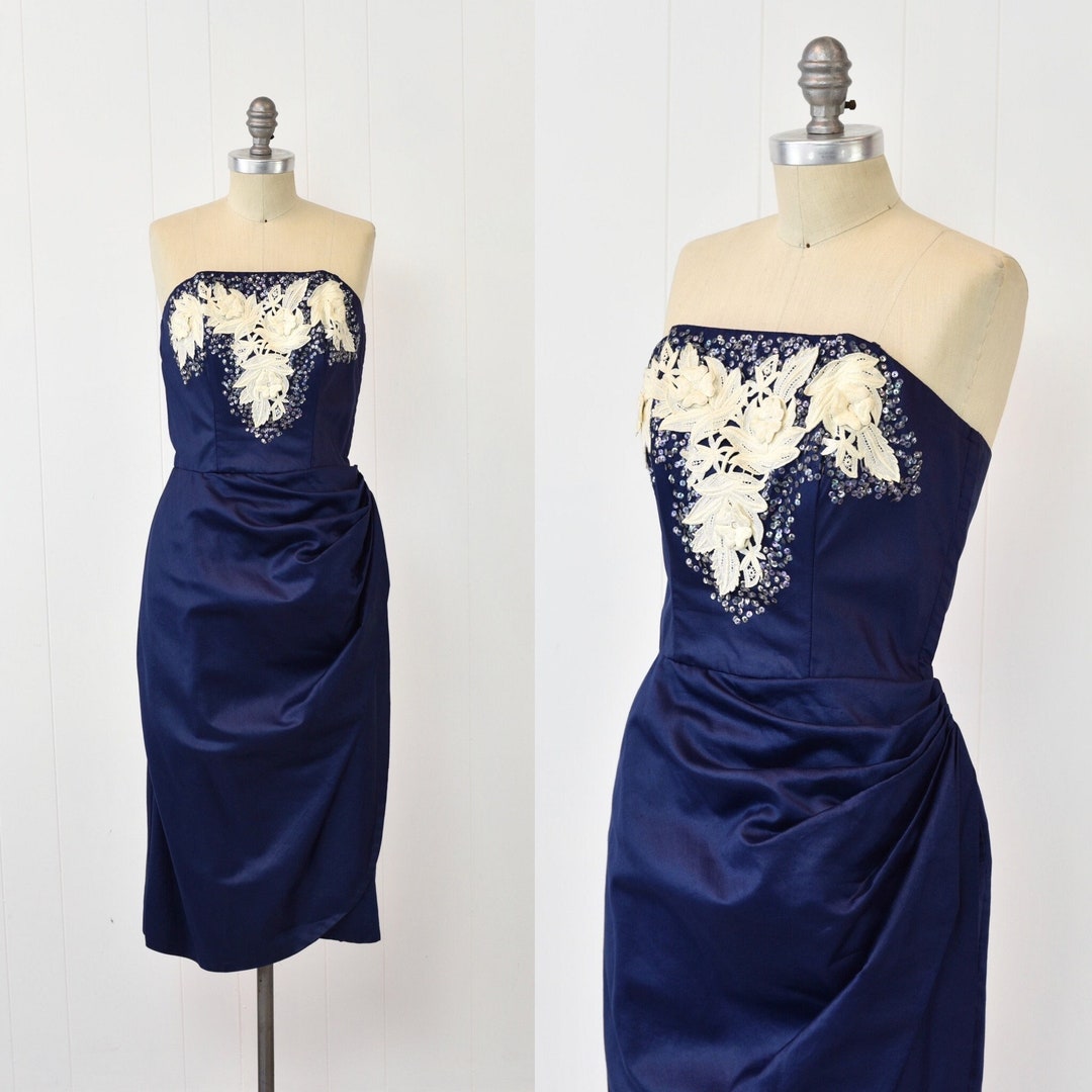 1950s Emma Domb Sequin Blue Floral Crochet Lace Sarong Pinup Mrs ...