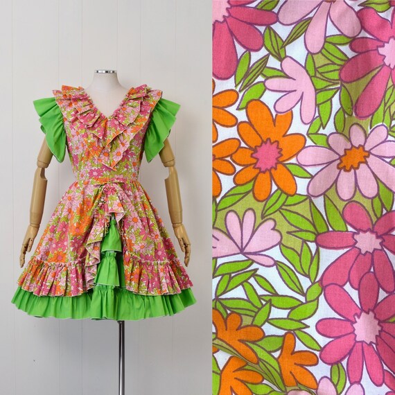 1960s Flower Power Floral Print Ruffled Pink Green Or… - Gem