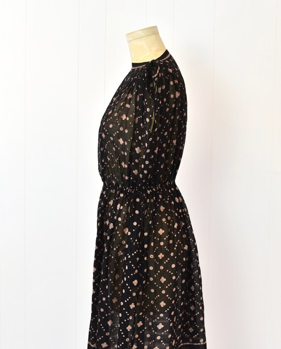1970s Phyllis Sues Black & Tan Batik Sheer Dress - Gem