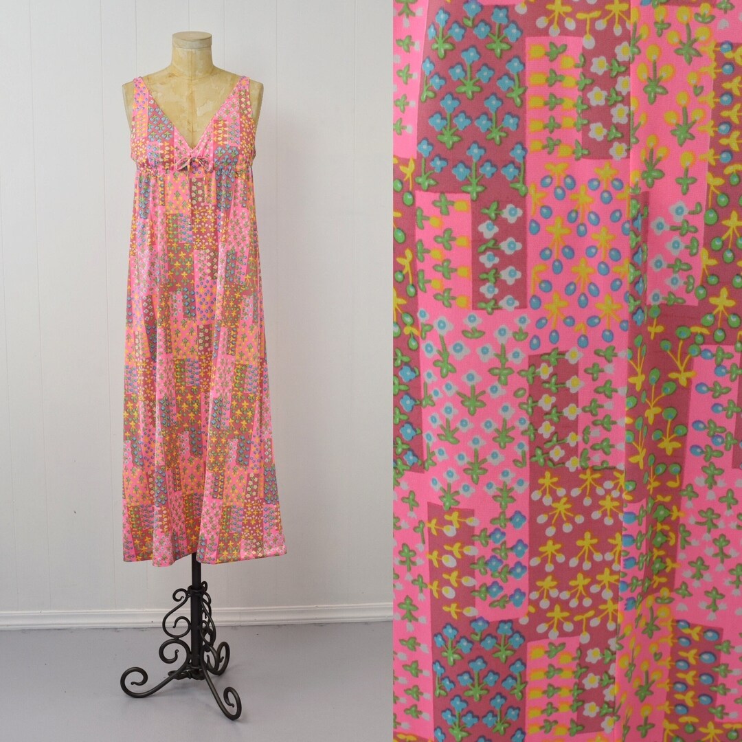 1970s Floral Flower Power Patchwork Pink Barbie Farr West Maxi Dress Nightgown Boudoir Lingerie ...