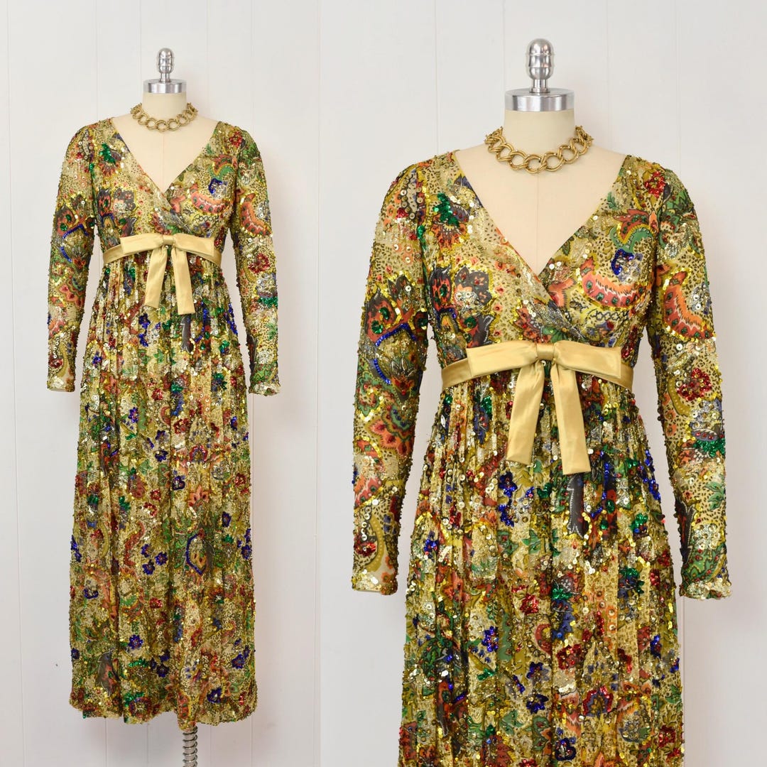 1960s Sequin Beaded Floral Paisley Psychedelic Metallic Sara Fredericks ...