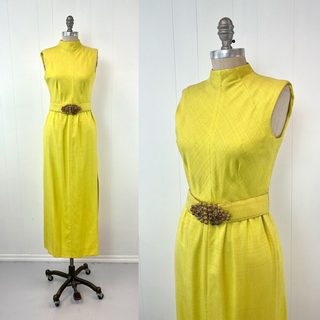 1960s Yellow Linen Eleanor Brenner Couture B. Altman & Co Maxi Dress ...