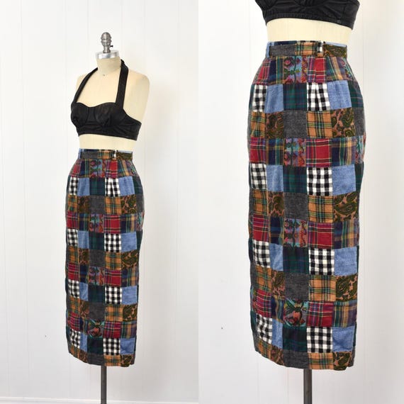 1990s Patchwork Plaid Floral Paisley Pencil Pinecove … - Gem