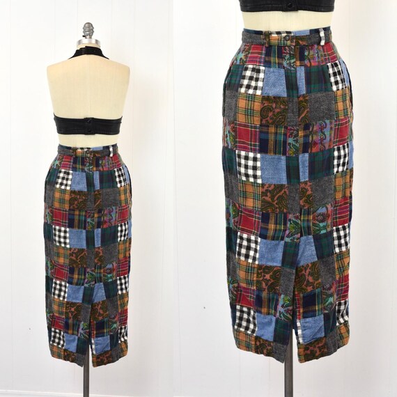 1990s Patchwork Plaid Floral Paisley Pencil Pinecove … - Gem