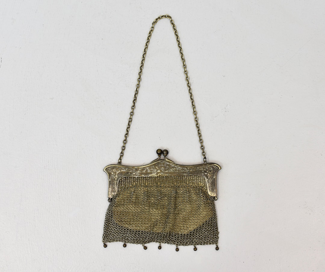 1910s/1920s Heart Floral Engraved German Silver Metal Chain Mesh ...
