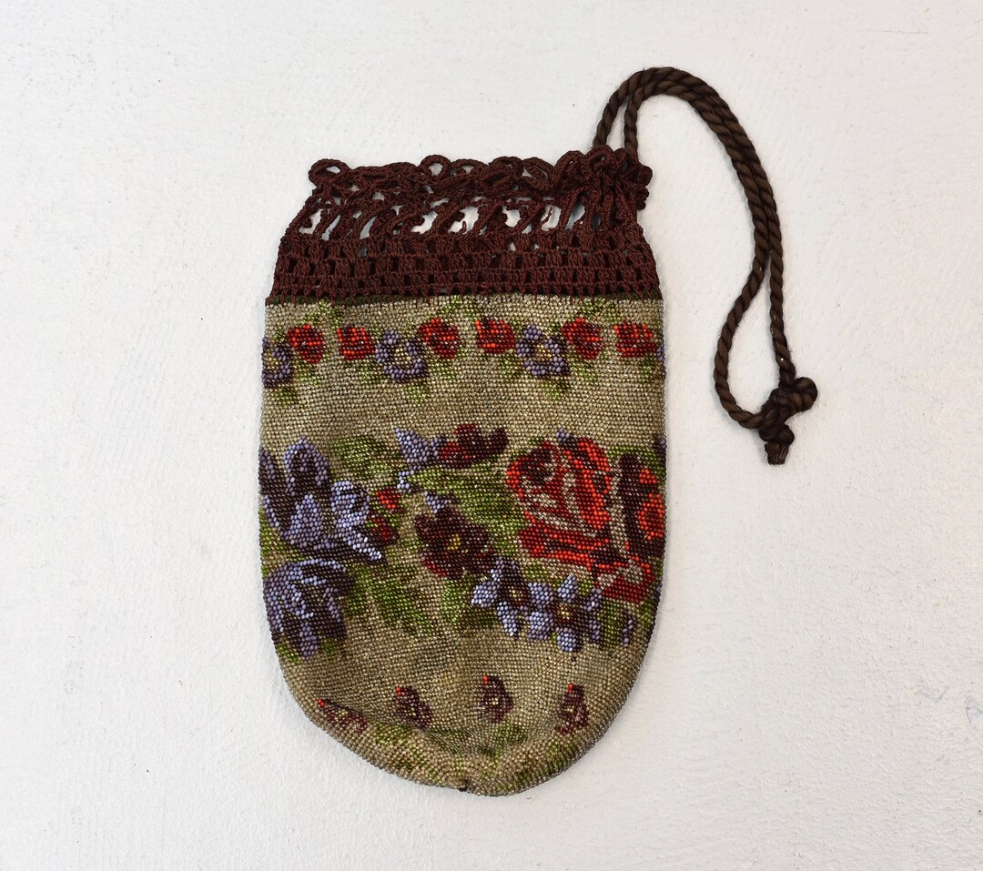 Antique 1910s/1920s Edwardian Floral Rose Beaded Drawstring Flapper ...