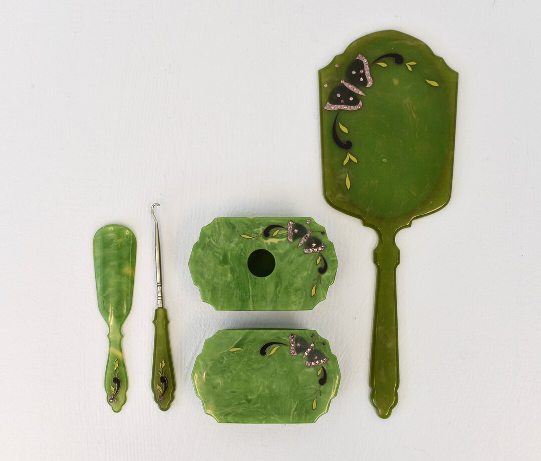 1920s/1930s Art Deco Celluloid Marbled Green Butterfly Rhinestone ...