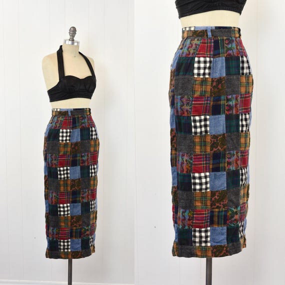 1990s Patchwork Plaid Floral Paisley Pencil Pinecove … - Gem