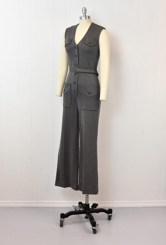 1970s Gray Wool Kimberly Flare Bell Bottom One Piece … - Gem