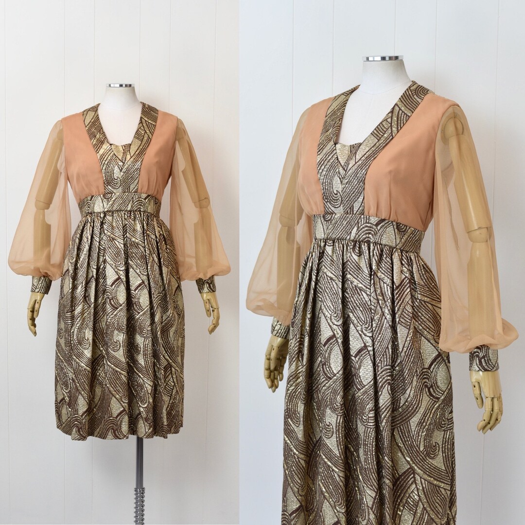 1960s Gold Metallic Brocade Party Dress With Sheer Balloon Sleeves ...