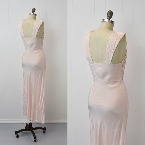 1940s Pink Lace Bow Floral Nightgown Gown Maxi Dress … - Gem