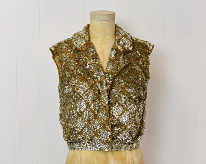 1960s Silver Gold Sequin Beaded Embellished Yellow Silk Frederick's ...