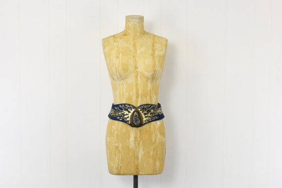 1970s Blue Leather & Stone Statement Belt - Gem