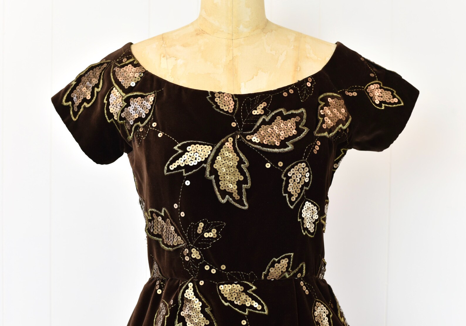 1980s Scaasi Boutique Dark Brown Velvet Sequin Metallic Leaf ...