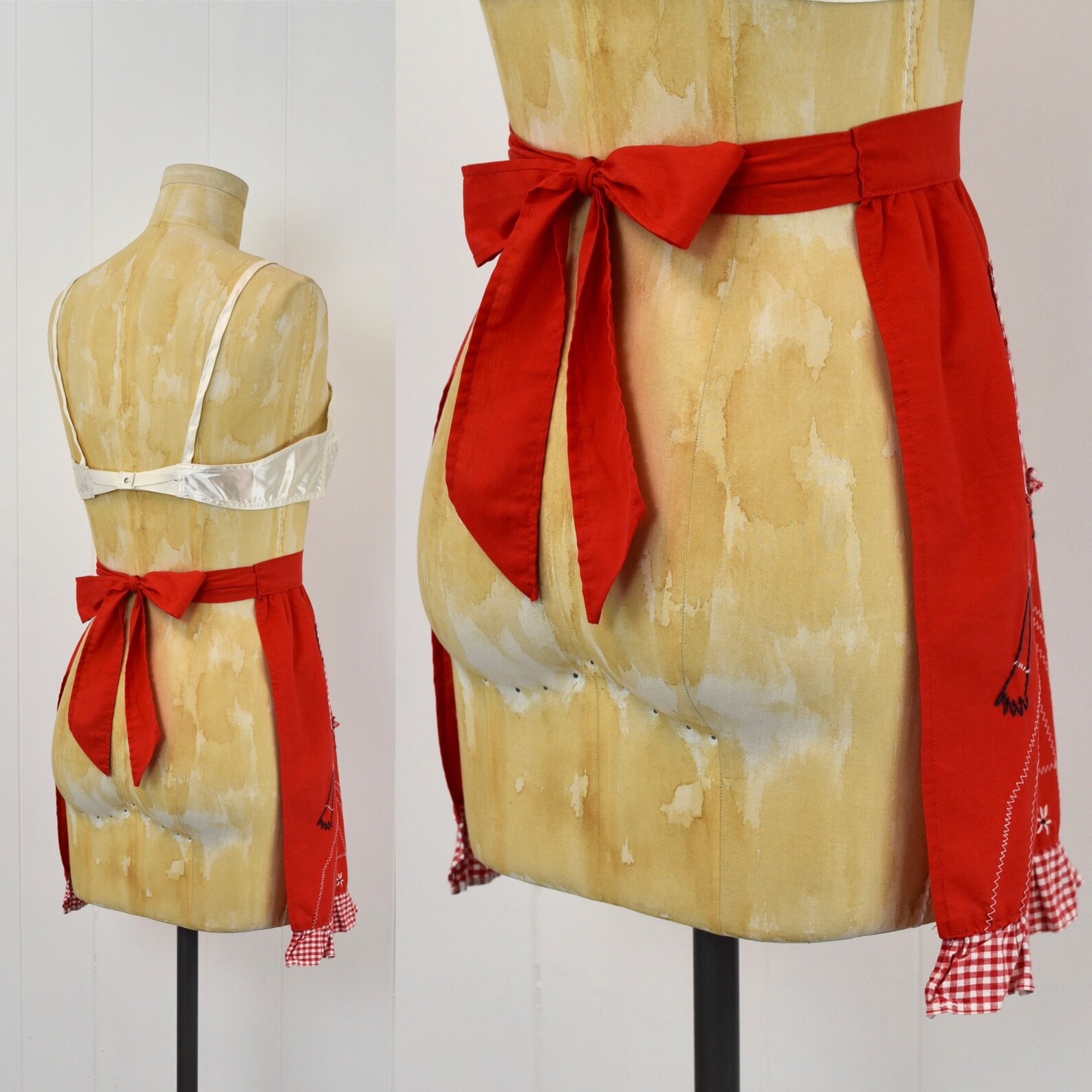 1950s Red White Gingham Plaid Southern Belle Novelty Print Cotton Mid ...