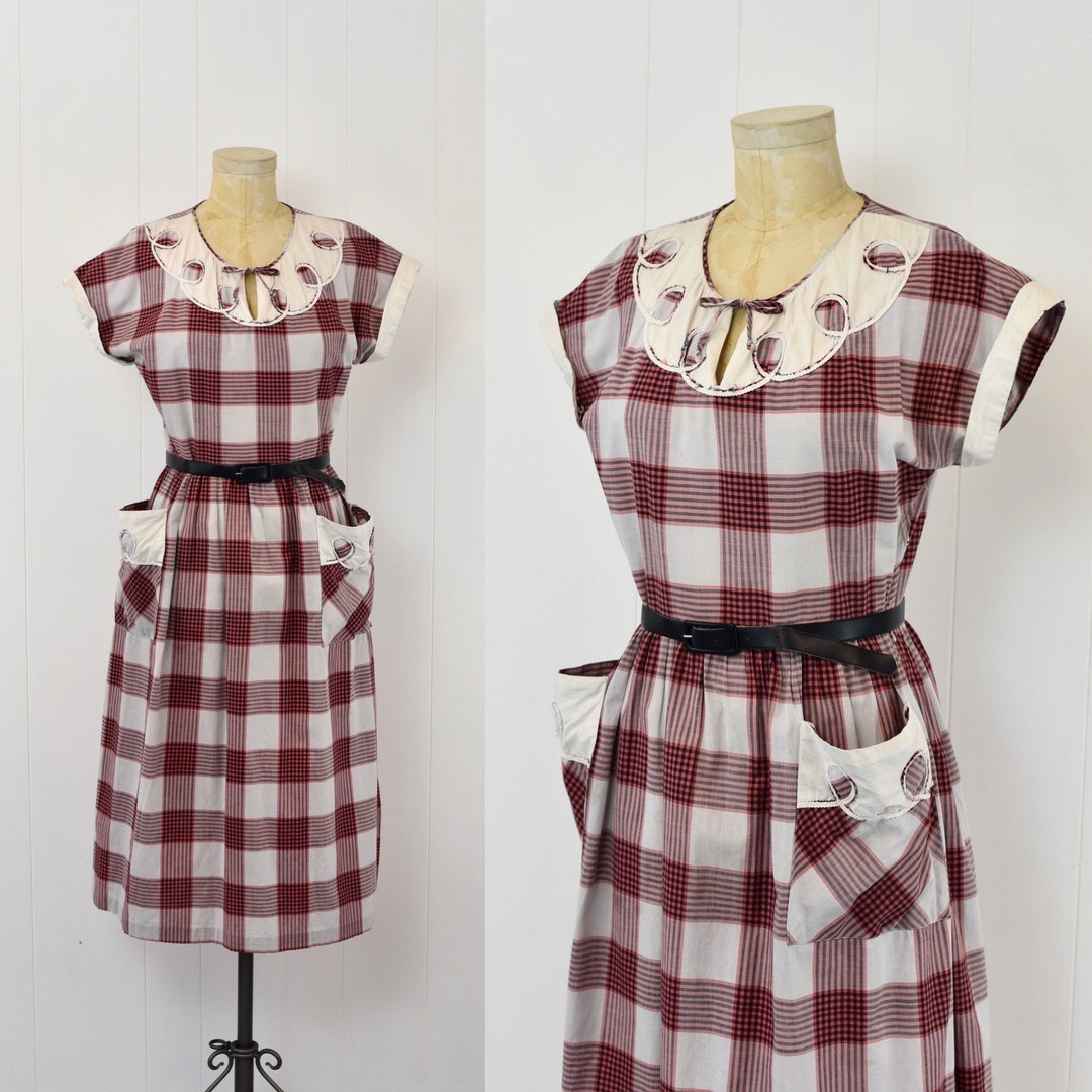 1940s Plaid Cotton Red Black Gray Soutache Handmade Pinup Day Dress - Etsy