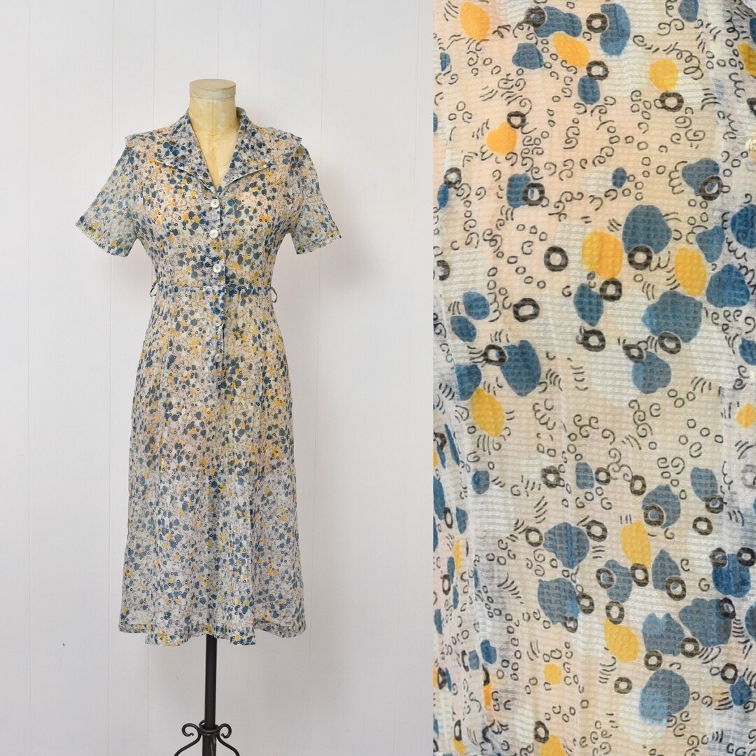 1940s Sheer Polka Dot Bubble Novelty Print Blue Yellow Rhinestone Pinup ...