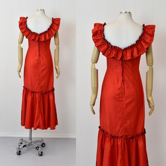 1960s Red Floral Hawaiian Togs Ruffled Pinup Mermaid … - Gem