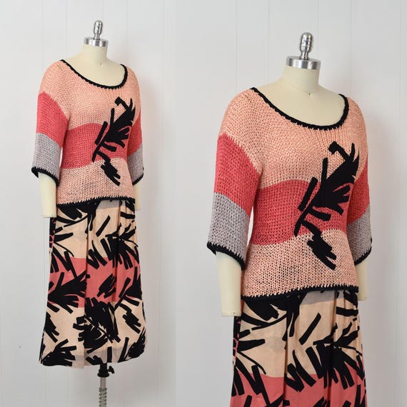 1980s Gabani Pink Peach Striped Abstract Patterned Ri… - Gem