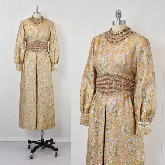 1960s Beaded Rhinestone Fringe Brocade Metallic Gold … - Gem