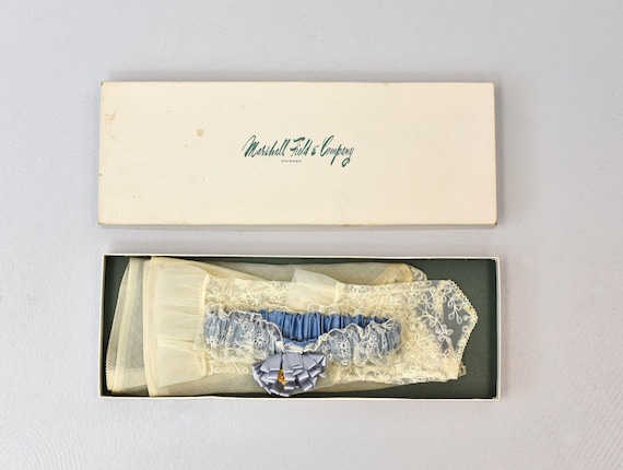 1940s/1950s Lace Blue Floral Garter Gloves Gauntlets … - Gem