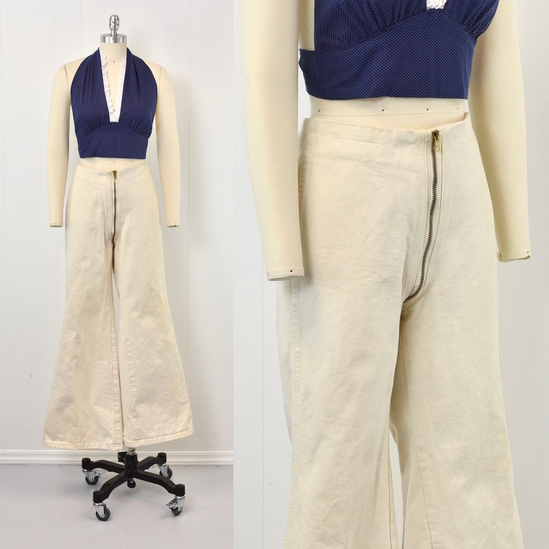 RARE 1970s Full Wraparound Zipper White Cream Cotton Denim Jeans Pants ...