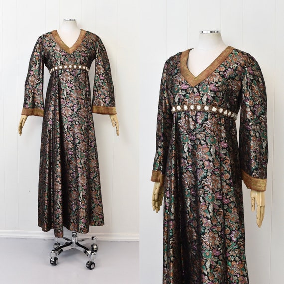 1960s Floral Brocade Metallic Beaded Empire Waist Gow… - Gem