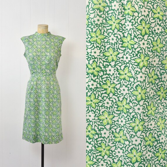 1960s Green White Floral Flower Power Print Cotton Su… - Gem