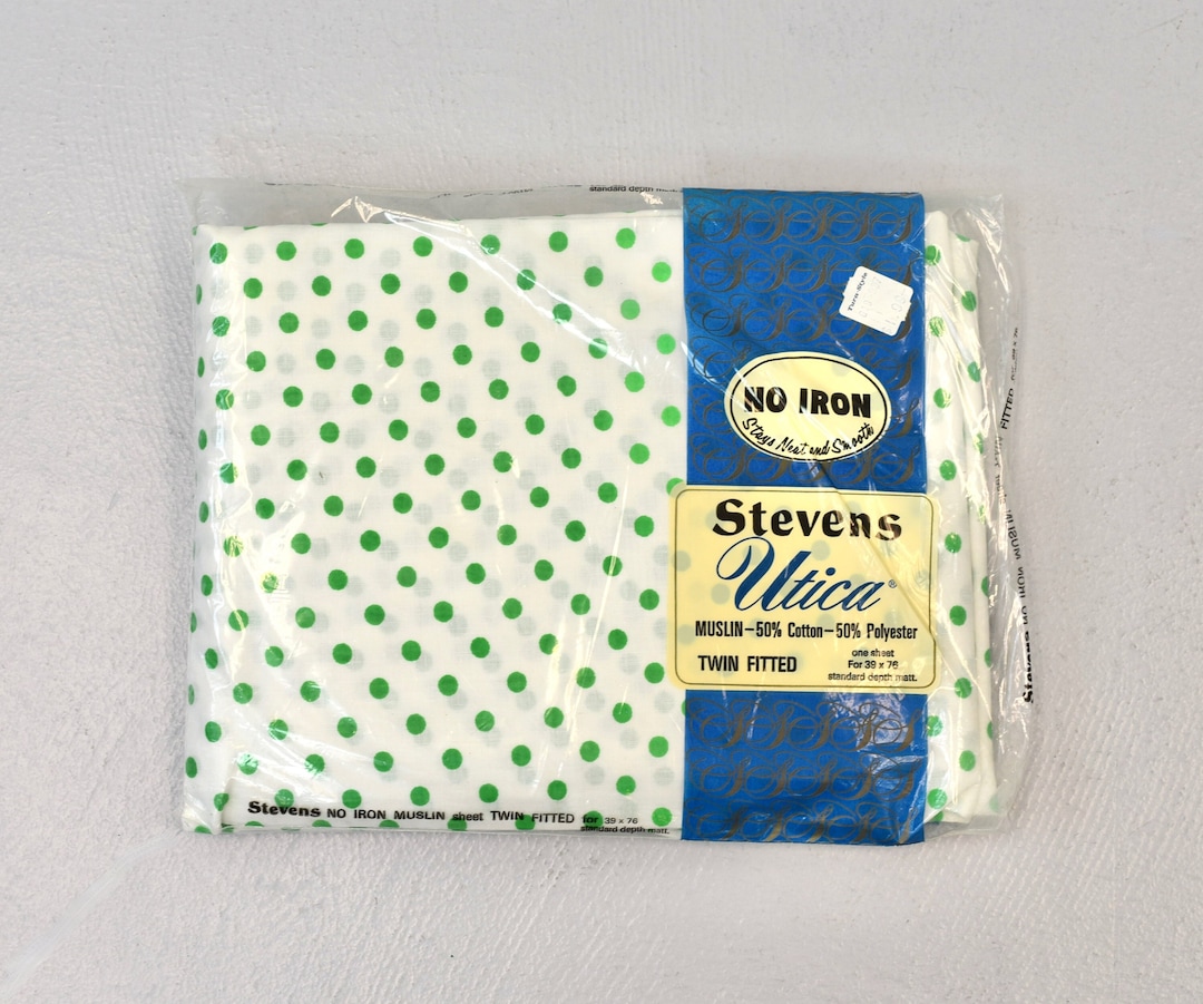NOS 1970s Green White Polka Dot Print Stevens Utica Twin Fitted Bed ...