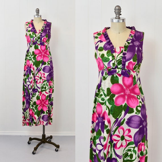 1960s Hawaiian Floral Print Purple Pink Aloha Tiki Ru… - Gem