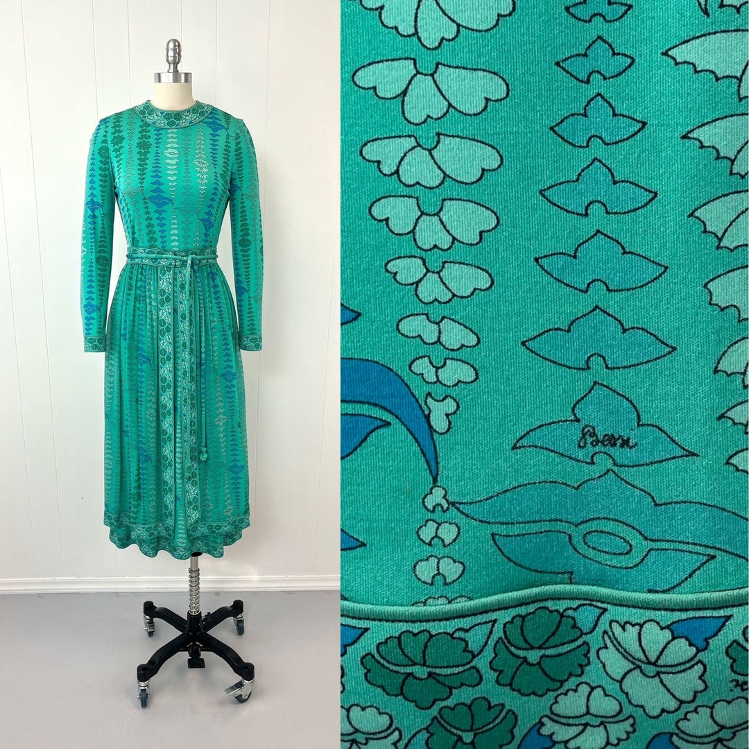 1970s Bessi Green Blue Floral Print Silk Saks Fifth Avenue Maxi Dress ...
