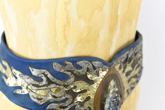 1970s Blue Leather & Stone Statement Belt - Gem