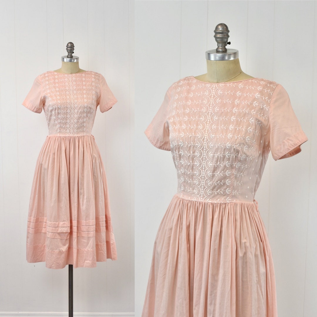1950s Light Pink White Polka Dot Floral Vine Embroidered Semi Sheer ...