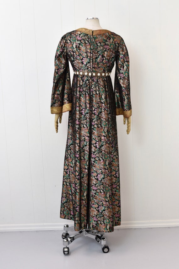 1960s Floral Brocade Metallic Beaded Empire Waist Gow… - Gem