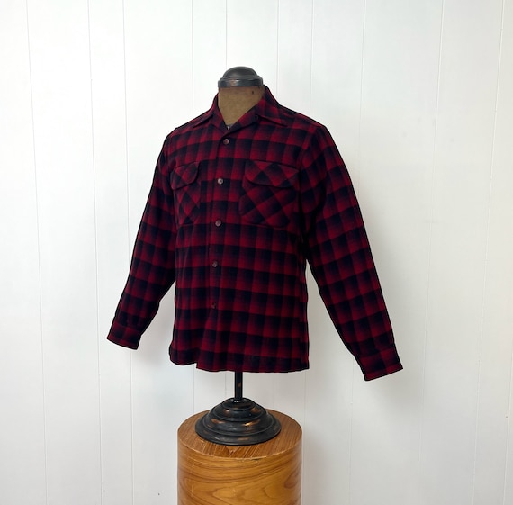 1960s Pendleton Red Black Plaid Print Wool Flannel Lo… - Gem